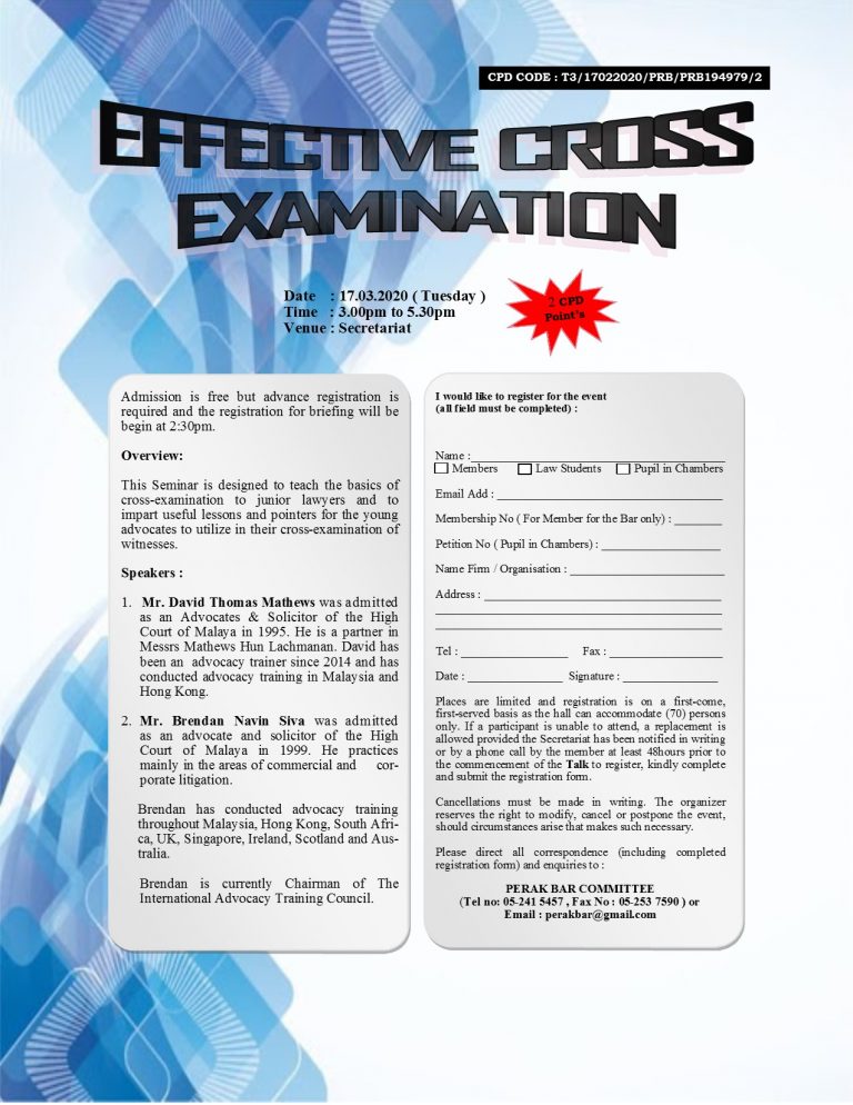 RE : TALK ON EFFECTIVE CROSS EXAMINATION @ 17TH MARCH 2020 (TUESDAY ...